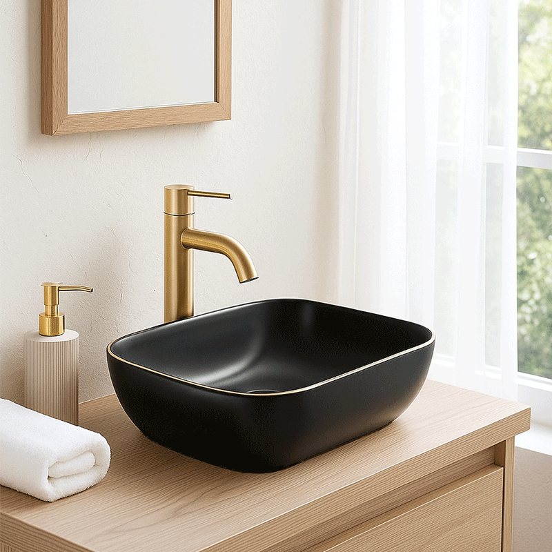 Lavabo negro mate borde dorado sobre encimera cerámico CUARTO 45,5 x 3 ...